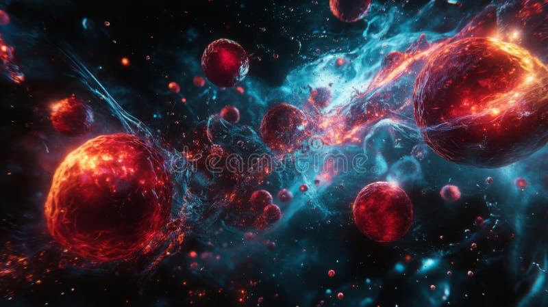 Fiery Celestial Bodies Collide in a Cosmic Dance Stock Illustration ...