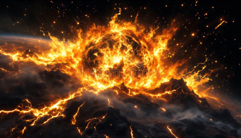 Fiery Celestial Body Exploding Over Volcanic Mountains Stock ...