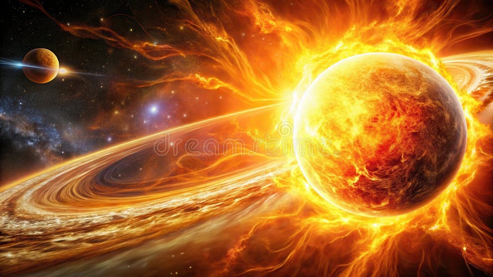 A Fiery Celestial Event a Planetary Explosion with Ring System and Distant Orb. Generative AI ...