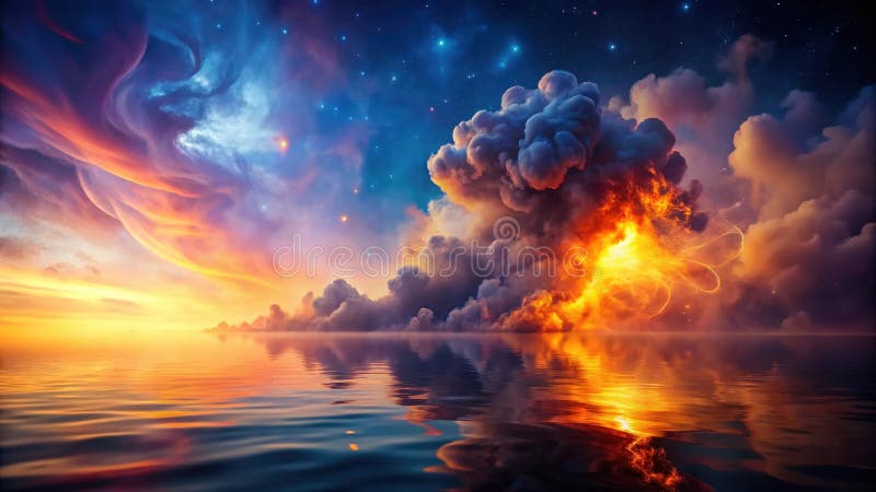 Fiery Celestial Explosion Mirrored in Calm Waters a Dramatic, Dreamlike ...