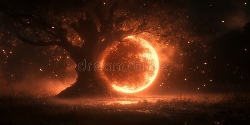 Fiery Celestial Orb Behind Ancient Tree Night Scene Red Art Moon Fire ...