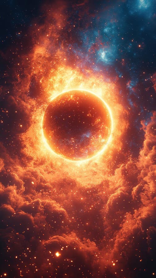 Fiery Celestial Scene with Glowing Sun and Cosmic Clouds Stock Photo ...