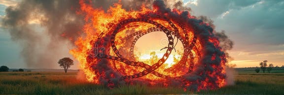 Fiery Chain Explosion in Open Field at Sunset with Smoke and Flames ...