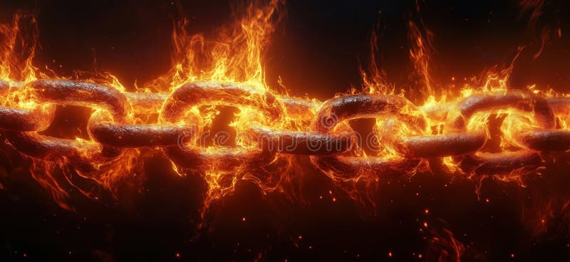 Fiery Chain Links Glowing with Flames and Sparks in Dark Background ...