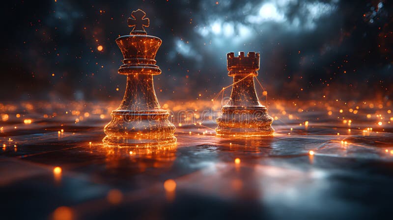 Fiery Chess King & Rook, Dark Battleground, Strategy Game Stock ...