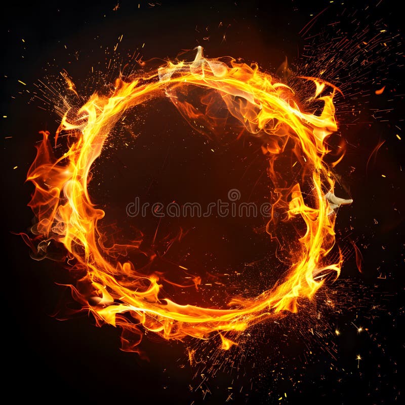 Fiery Circle of Flames with Glowing Sparks on Dark Background Stock ...