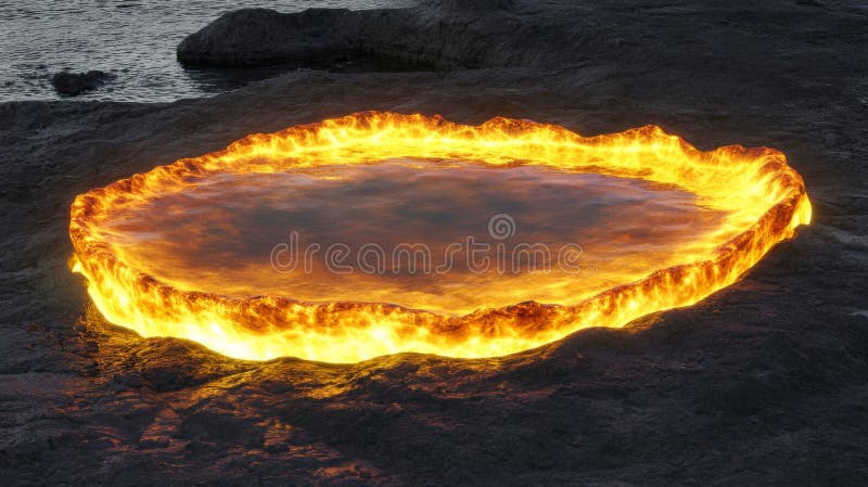 Fiery Circular Flame on Dark Volcanic Rock Stock Illustration ...