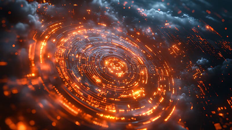 Fiery Circular Tech Interface, Cloud Backdrop, Digital Art, Futuristic ...