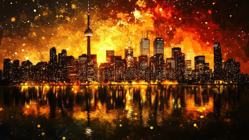 Fiery City Skyline at Night with Fireworks Reflection Stock ...