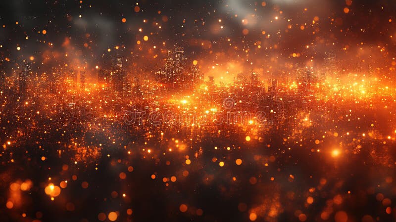 Fiery City Skyline, Night, Glittering Particles, Abstract Background ...