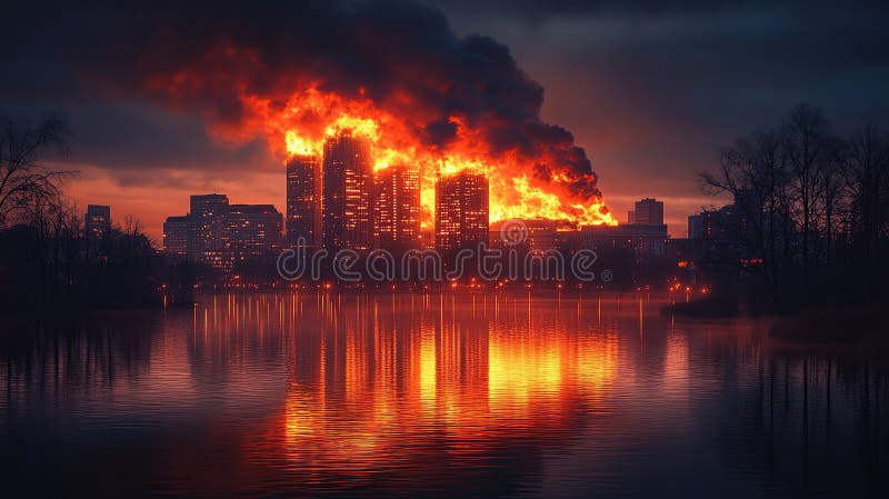 Fiery City Skyline Reflected in Still Water at Dawn Stock Illustration ...