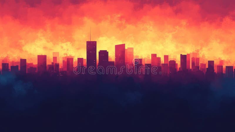 Fiery City Skyline at Sunset Stock Illustration - Illustration of night ...