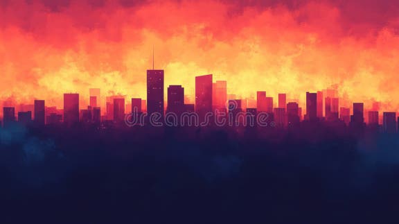 Fiery City Skyline at Sunset Stock Illustration - Illustration of night ...