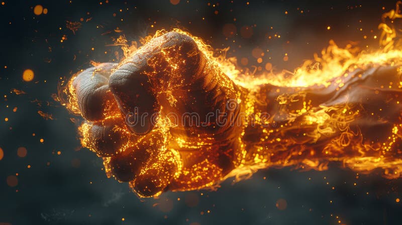 Fiery Clenched Fist with Flames and Sparks in Dramatic Light Stock ...