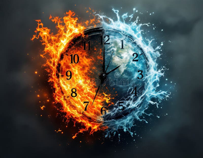 Fiery Clock: a Dramatic Contrast of Fire and Water Stock Illustration ...