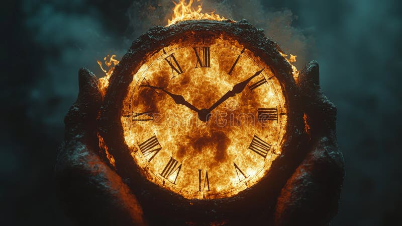 Fiery Clock in Human Hands Glowing with Intense Flames Stock Image ...