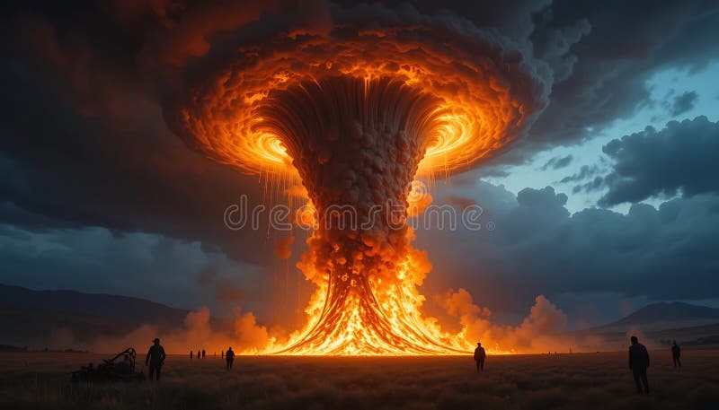 Fiery Cloud Formation Over Field with People Observing the Phenomenon ...