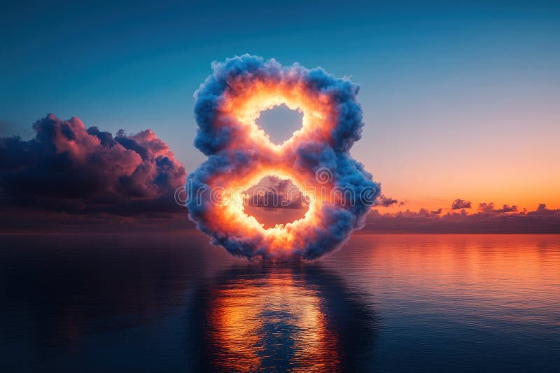 Fiery Cloud Number Eight Over Ocean at Sunset Stock Illustration ...