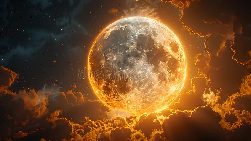 Dramatic Celestial Scene Depicting a Glowing Moon Surrounded by Fiery ...