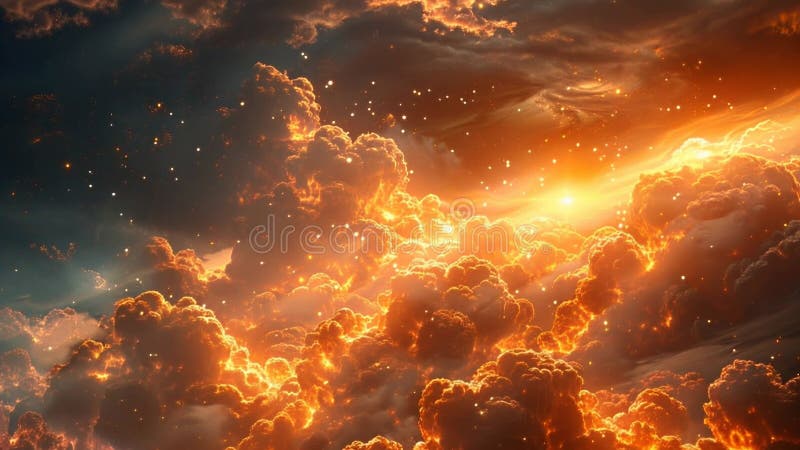 Fiery Celestial Cloudscape a Breathtaking Digital Artwork Depicting a Vibrant, Fiery Sunset ...