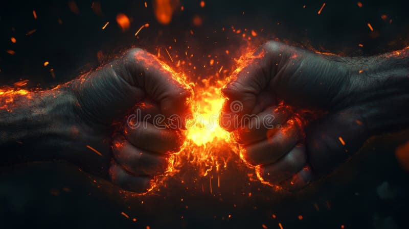 Fiery Collision of Fists Erupting with Glowing Embers and Sparks Stock ...