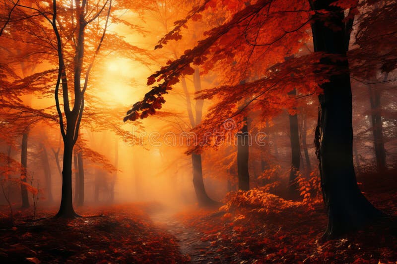 The Fiery Colors of a Forest in Autumn Stock Illustration ...