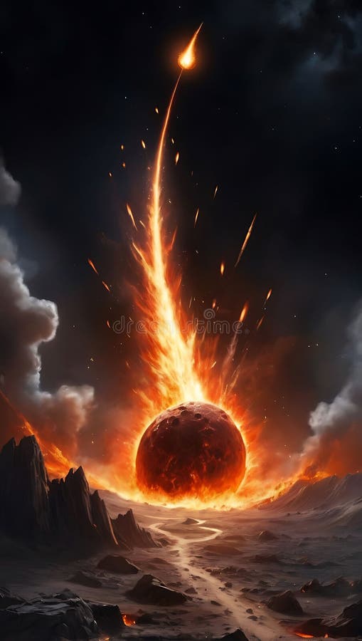 A Fiery Comet Crashes into the Moon with Fire Stock Image - Image of ...