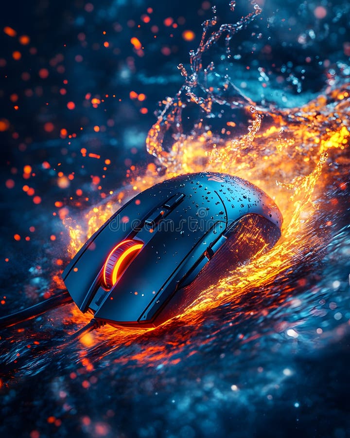 Fiery Computer Mouse in Water and Sparks Dynamic Digital Art Stock ...