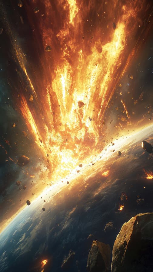 Fiery Cosmic Collision: Asteroid Impact on a Planet, a Digital Painting of Planetary Destruction ...