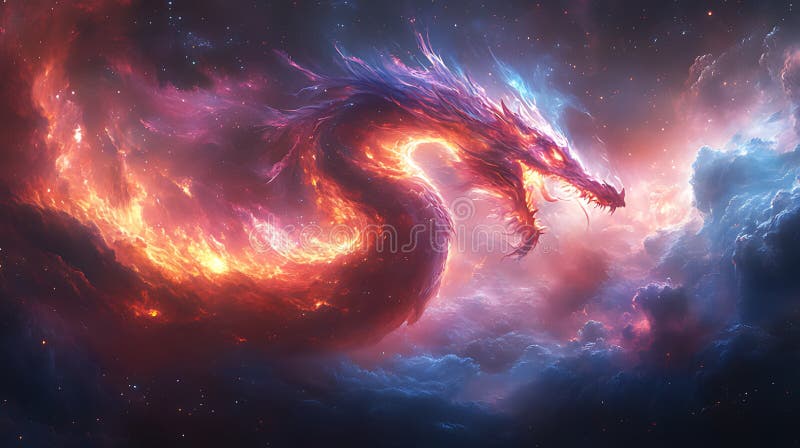 Fiery Cosmic Dragon Emerging from Nebula Stock Illustration ...