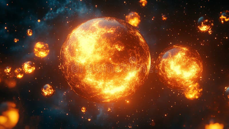 Fiery Cosmic Explosion: Glowing Planets and Debris in Space Stock ...