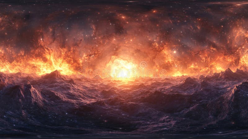 Fiery Cosmic Landscape: a 360 Panorama of Nebula and Stars Stock ...