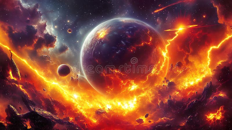 Fiery Cosmic Nebula Burning Planet Space Explosion Galaxy Art Stock ...