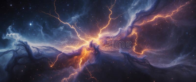 Fiery Cosmic Nebula with Electric Plasma Discharges and Intense Energy ...