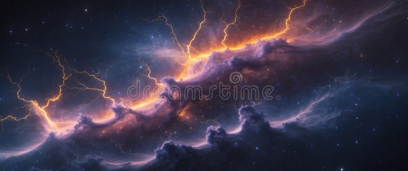 Fiery Cosmic Nebula with Electric Plasma Discharges and Intense Energy ...
