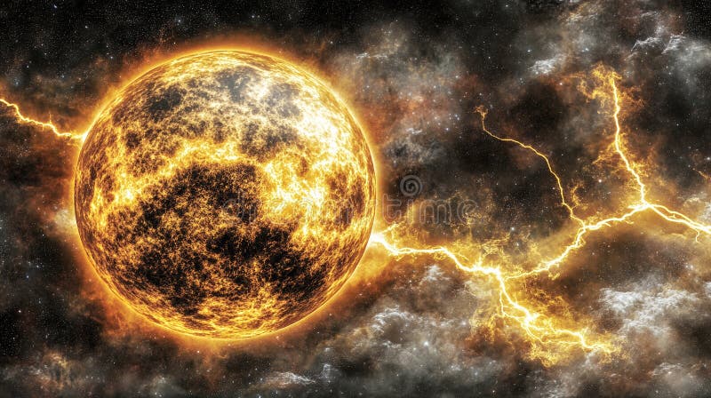Fiery Cosmic Planet Exploding with Energy and Lightning Strikes in ...