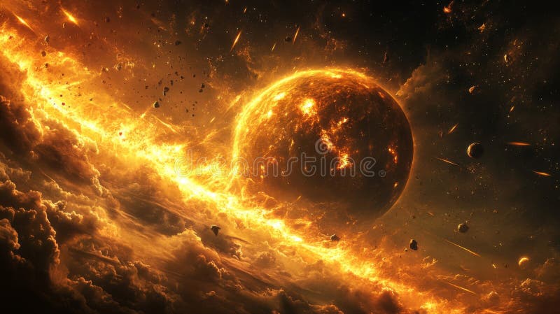 Fiery Cosmic Planet Explosion in Dark Space Stock Illustration ...