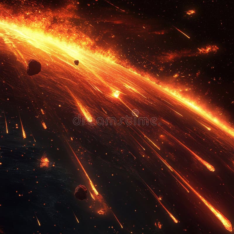 A Fiery Cosmic Scene Depicting Meteors and a Volcanic Planet in a ...