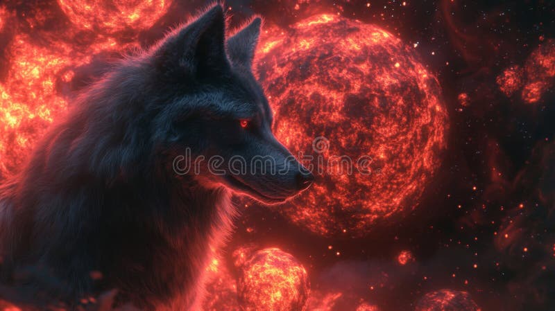 Fiery Cosmic Wolf Amidst Glowing Planets Stock Illustration ...