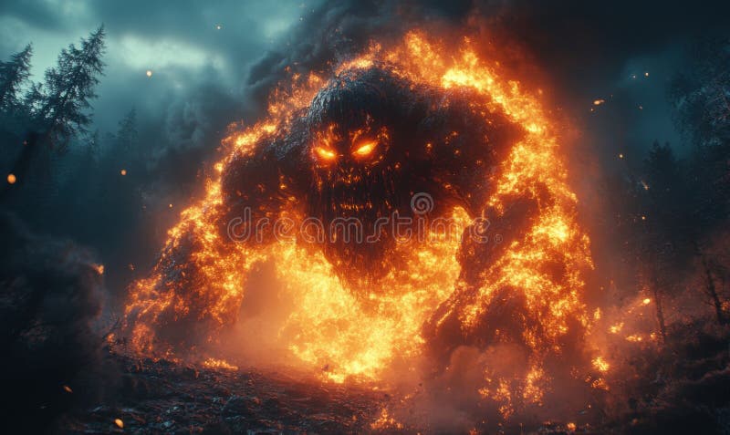 Fiery Creature Emerges from the Forest Landscape during Twilight Hours ...