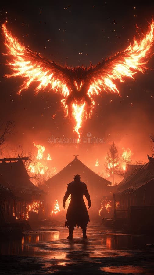 Fiery Creature with Wings Soars Above Burning Village Stock ...