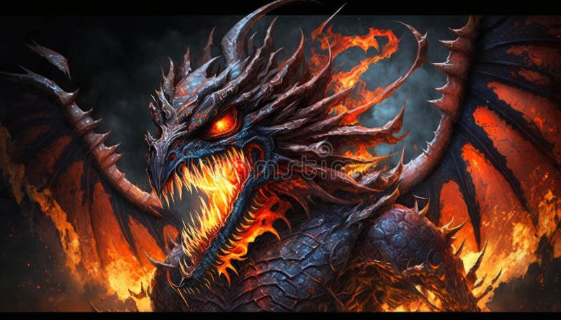 Fiery Creatures with Snarling Baring Teeth and Wings of Fire Fantasy ...