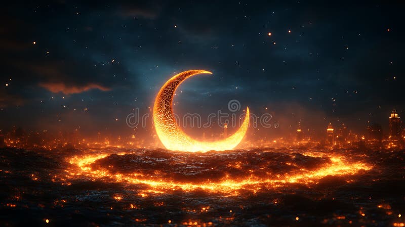Fiery Crescent Moon Over Illuminated Cityscape Stock Illustration ...