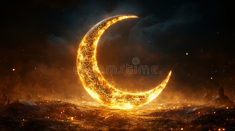 Fiery Crescent Moon Celestial Calligraphy in Dramatic Night Stock Photo ...