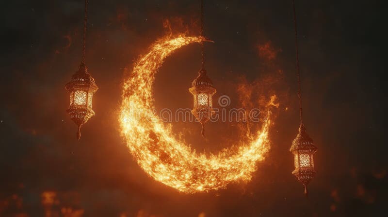 Fiery Crescent Moon & Lanterns Stock Illustration - Illustration of ...