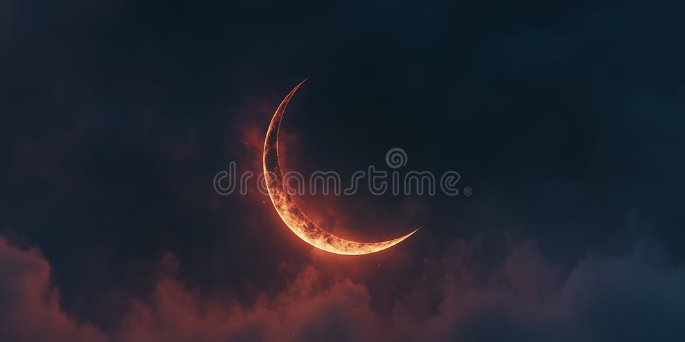 Fiery Crescent Moon in Night Sky Stock Illustration - Illustration of ...
