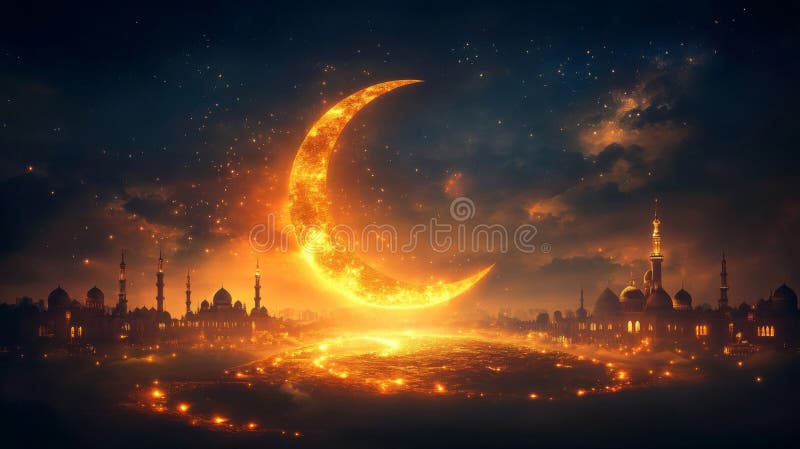 Fiery Crescent Moon Over Glowing City at Night Stock Illustration ...