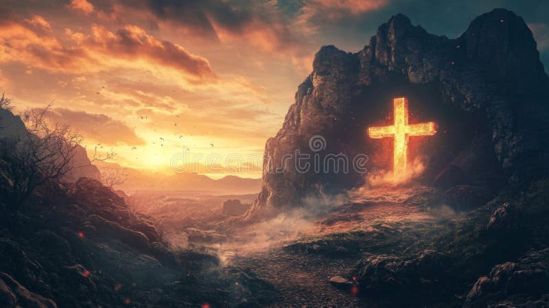 Fiery Cross Embedded in Mountain at Sunset Stock Illustration ...