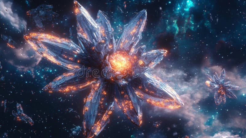 Fiery Crystal Starship in a Cosmic Nebula Stock Illustration ...