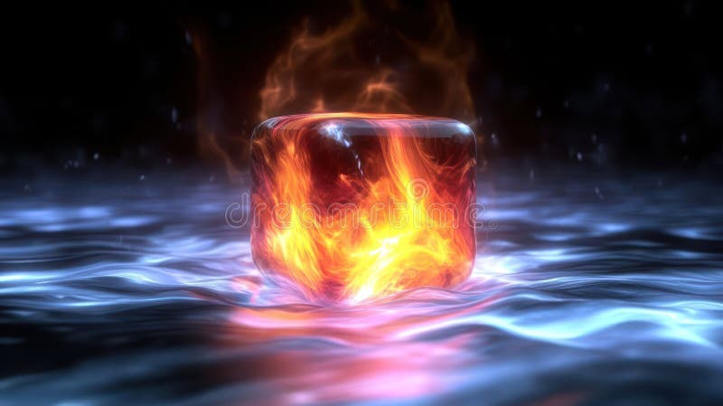A Fiery Cube Floating on Water, Blending Elements of Fire and Ice in a ...